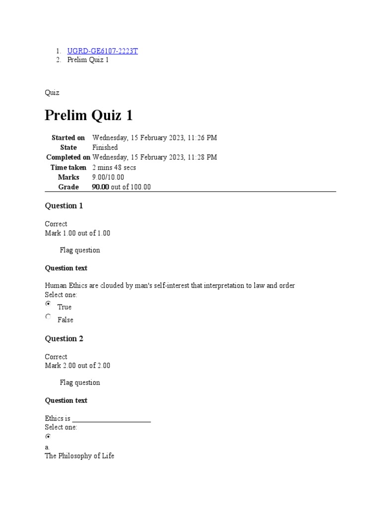 Ugrd-Ge6107-2223t Ethics Quiz Prelim 1 | PDF