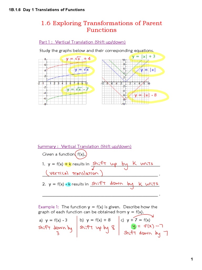 1.6 Day 1 Translations of Functions PDF | PDF | Function (Mathematics ...