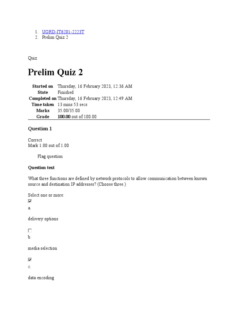 UGRD-IT6201 Data Communications and Networking 1 Prelim Quiz 22023 | PDF