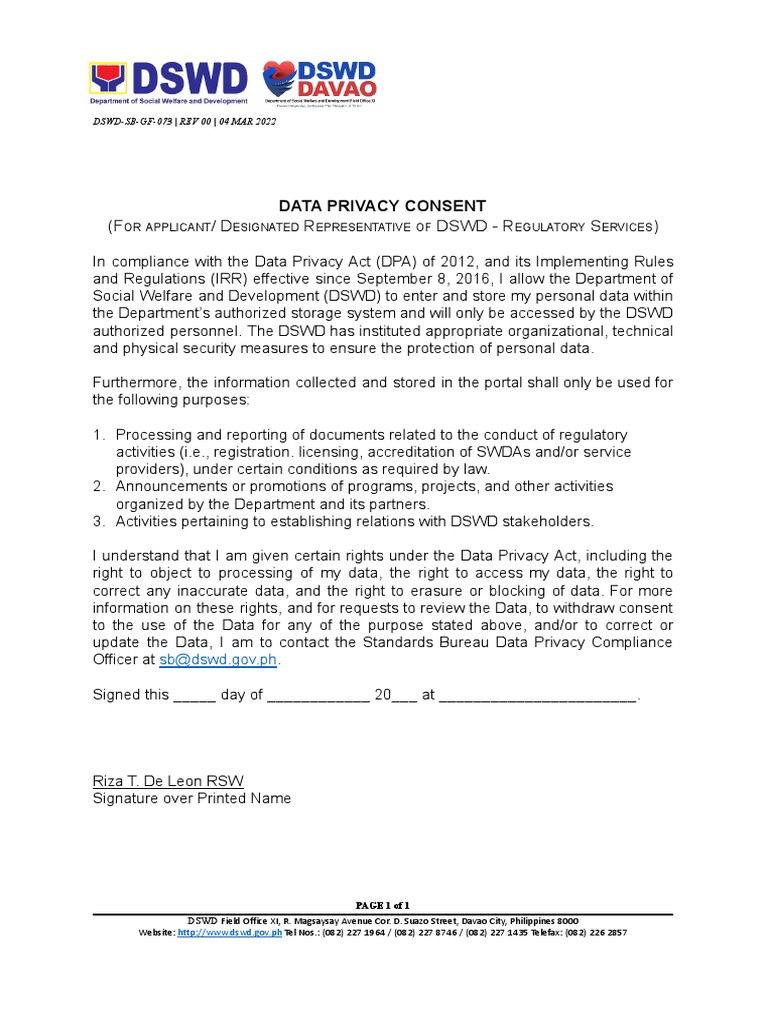 DSWD-SB-GF-073 Data Privacy Consent.docx | PDF