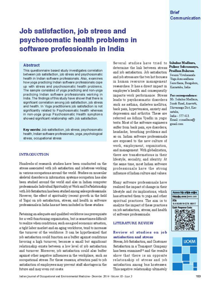Job Satisfaction, Job Stress and Psychosomatic Health Problems in ...