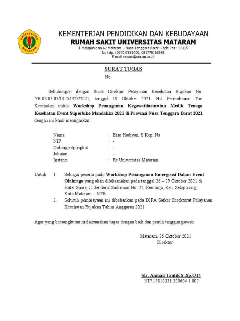 Surat Tugas Gp Rumah Sakit Universitas Mataram | PDF