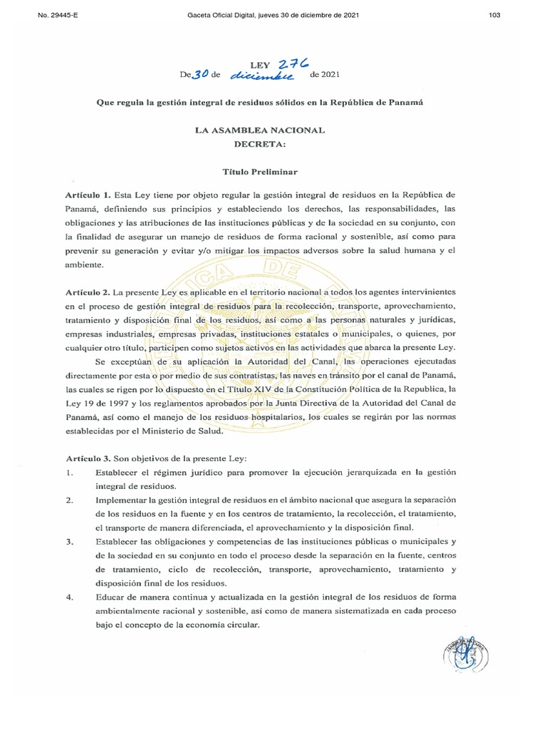 Ley 276 de 30 de Diciembre de 2021 - Gestion de Residuos Solidos | PDF