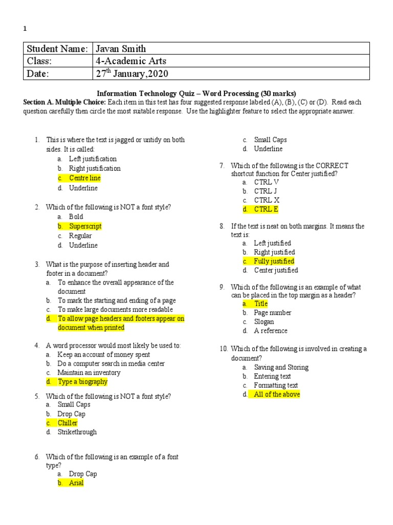 Javan Smith 4-Arts Word Processing Quiz - Week 2 Assessment | PDF ...