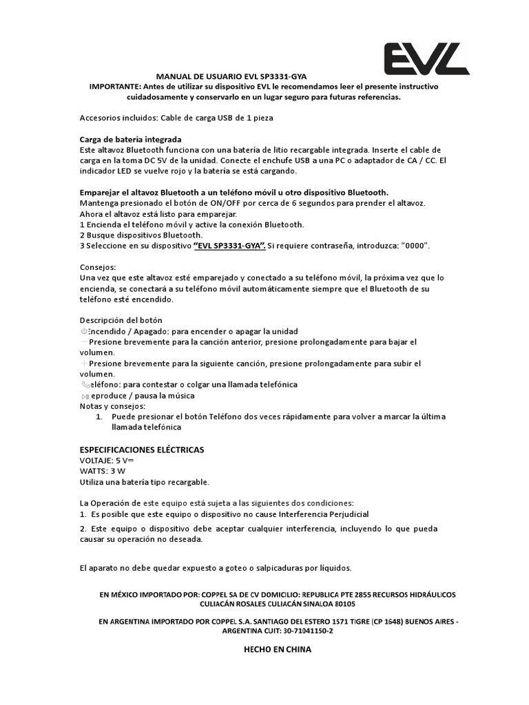 Manual Evl Sp3331-Gya PDF | PDF | Altoparlante | Bluetooth