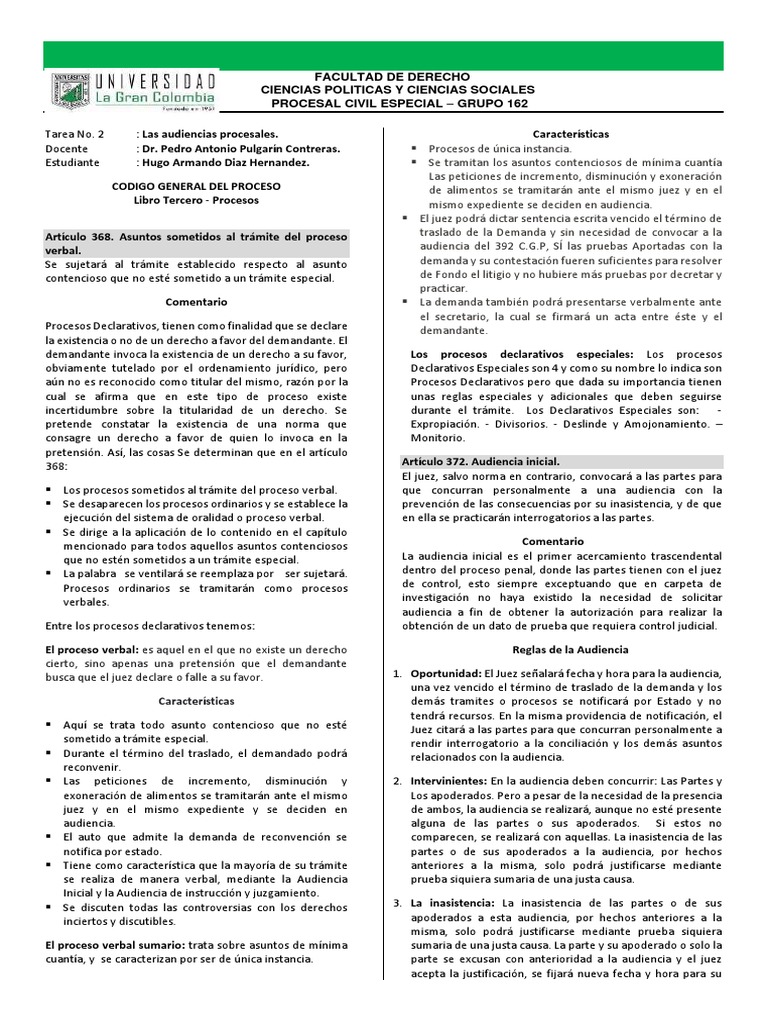 Tarea 2 - Analisis Art 368 - 372 - 372 Codigo General Del Proceso ...