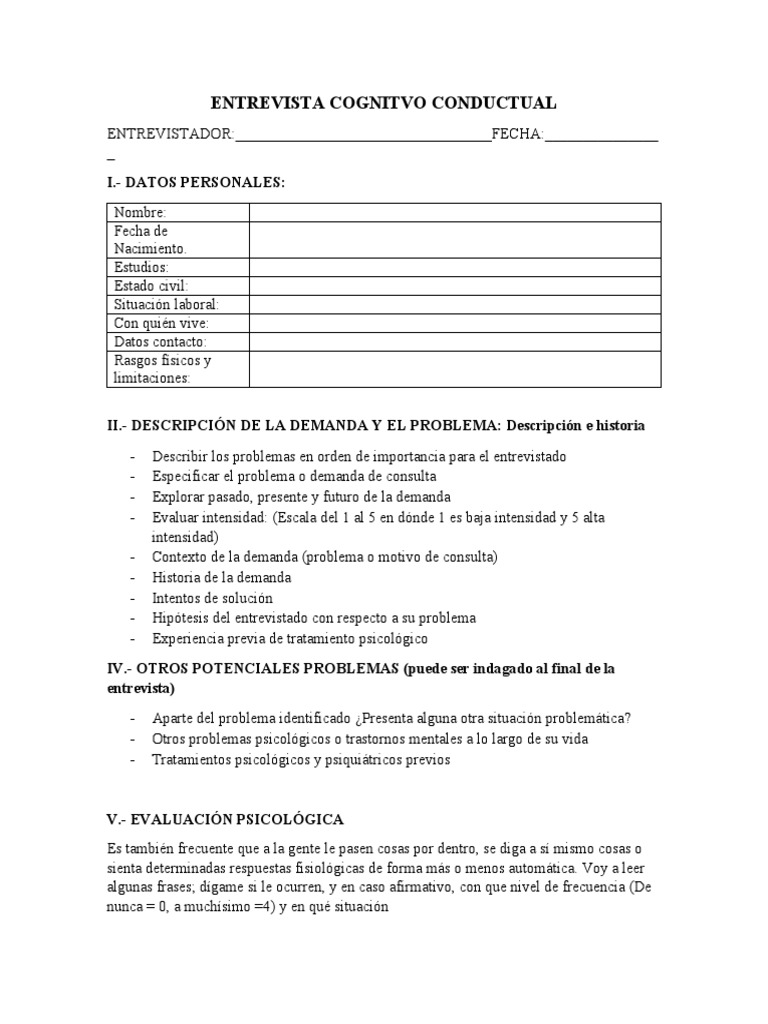 Entrevista Cognitivo Conductual Detallada | PDF | Sicología | Trastorno ...