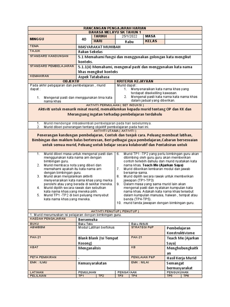 RPH BM Tahun 1 Minggu 4 Penggal Ke3 | PDF