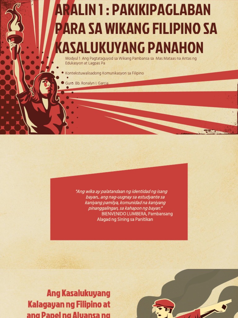 ARALIN 1 Pakikipaglaban para Sa Wikang Filipino Sa Kasalukuyang Panahon ...