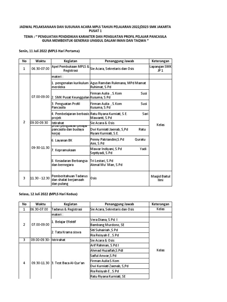 Jadwal Kegiatan MPLS (Revisi) | PDF