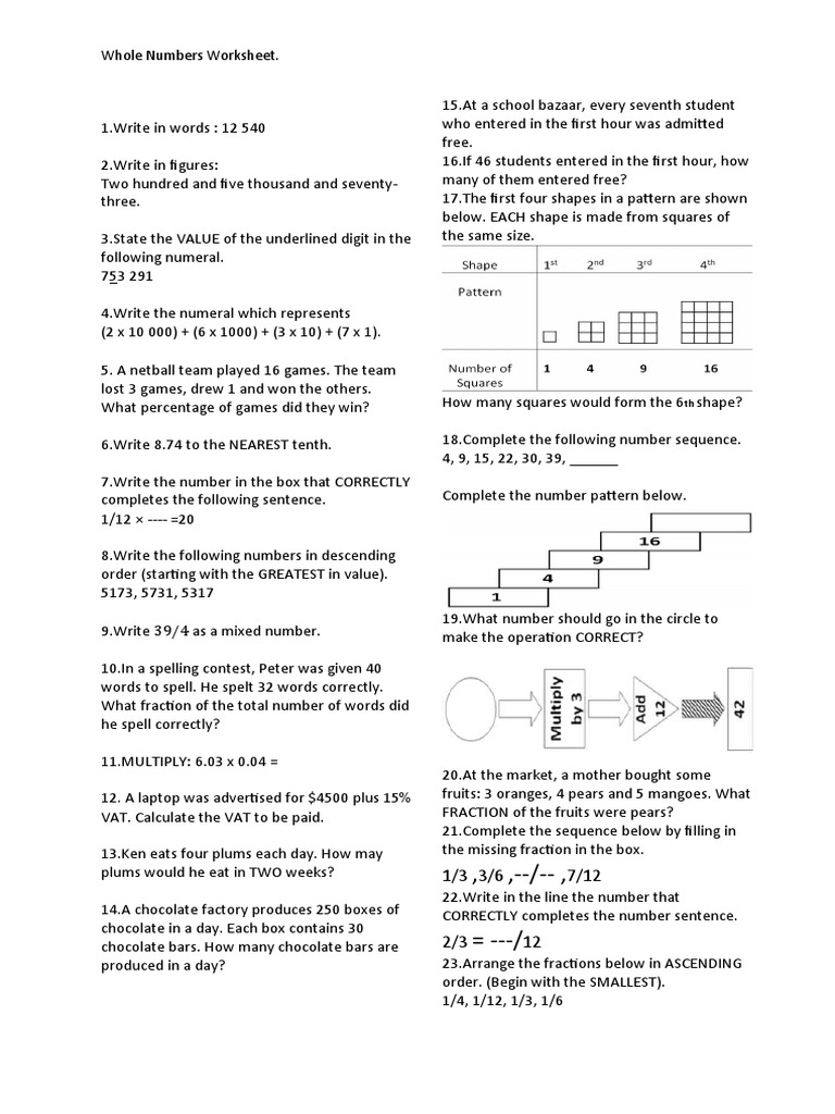 Math Whole Numbers Worksheet | PDF