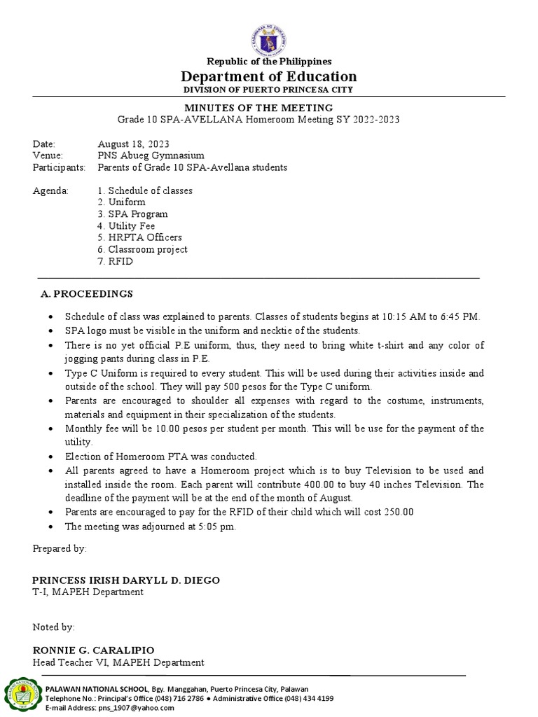 Minutes of The 1st Hpta Meeting | PDF