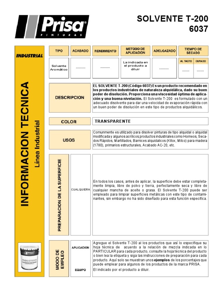 Solvente T-200: Uso y Especificaciones | PDF | Solvente | Ciencias fisicas