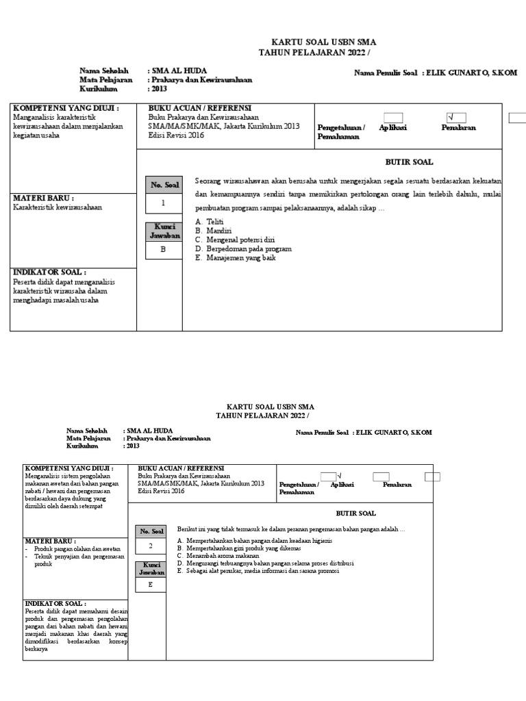 Kartu Soal Usbn 18 | PDF