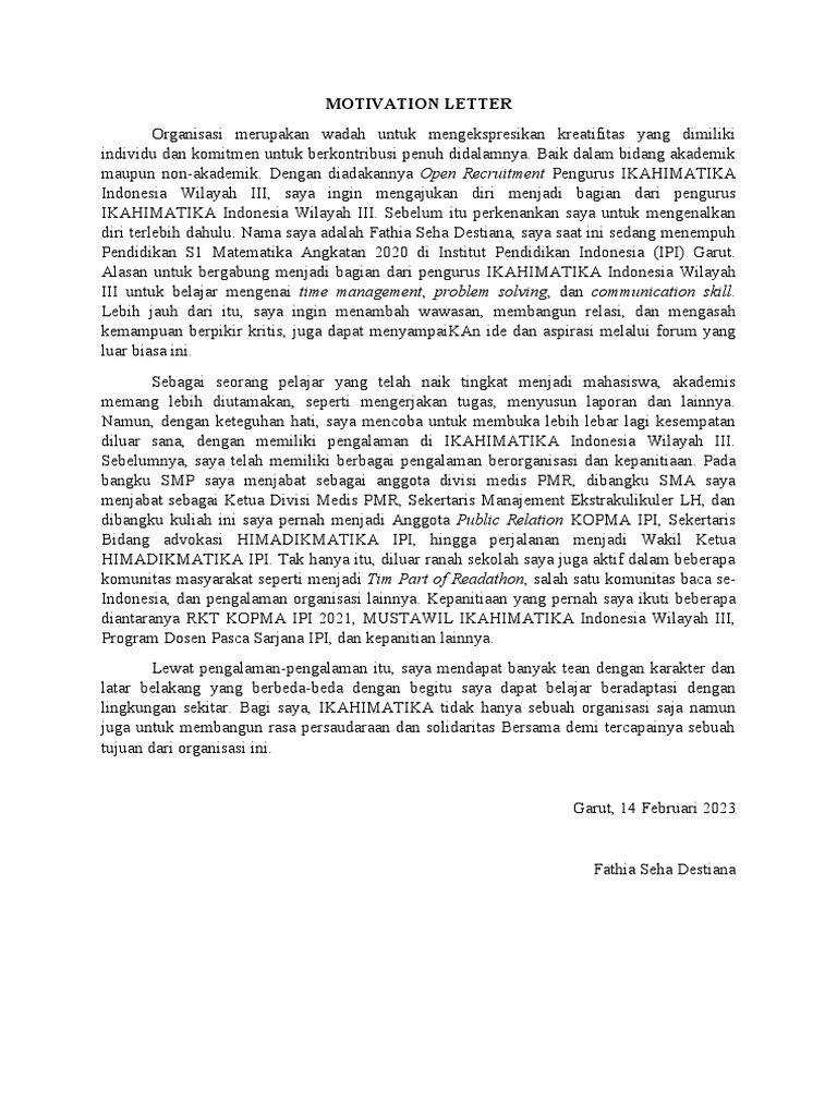 MOTIVATION LETTER Fathia Seha Destiana | PDF