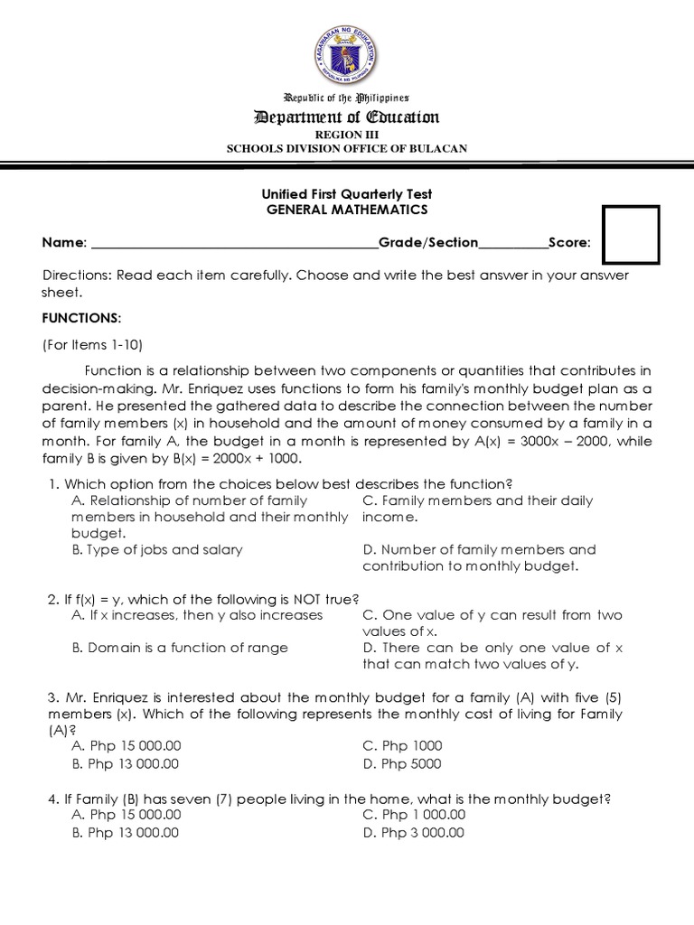 Gen Math Unified Test First Quarter | PDF | Cost Of Living | Logarithm