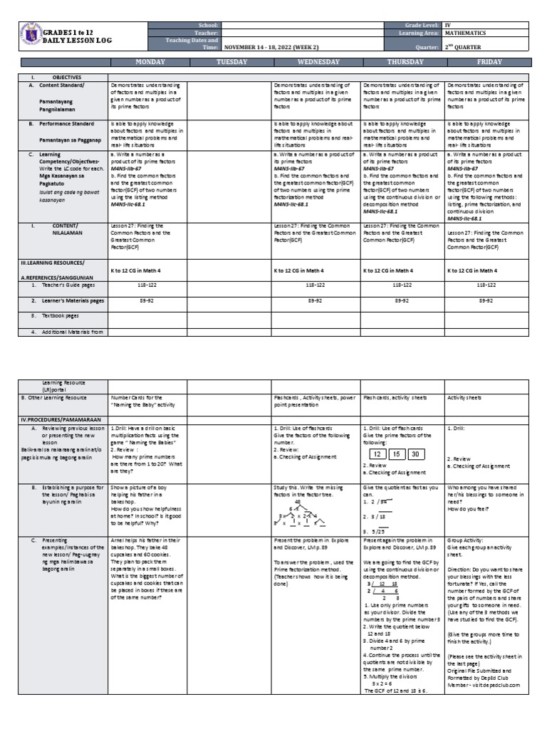 DLL - Mathematics 4 - Q2 - W2 | PDF | Flashcard | Behavior Modification