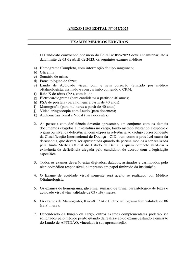 Edital 055.2023 Anexo 1 Exames Medicos-1 PDF | PDF
