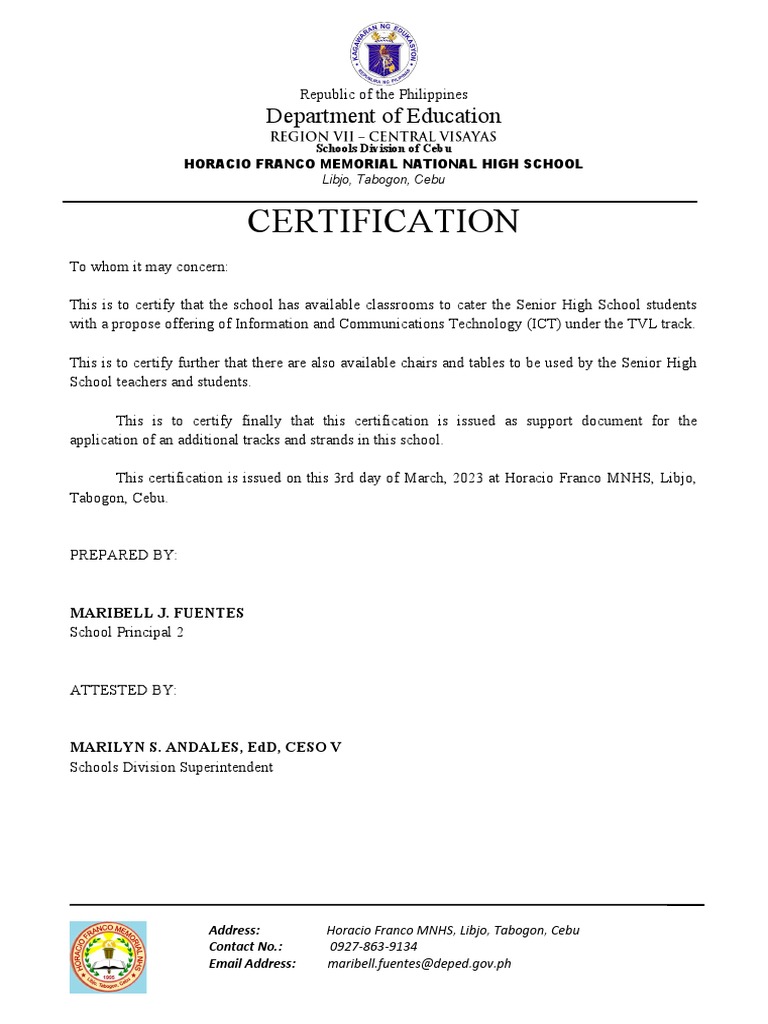Libjo National High School Certification | PDF