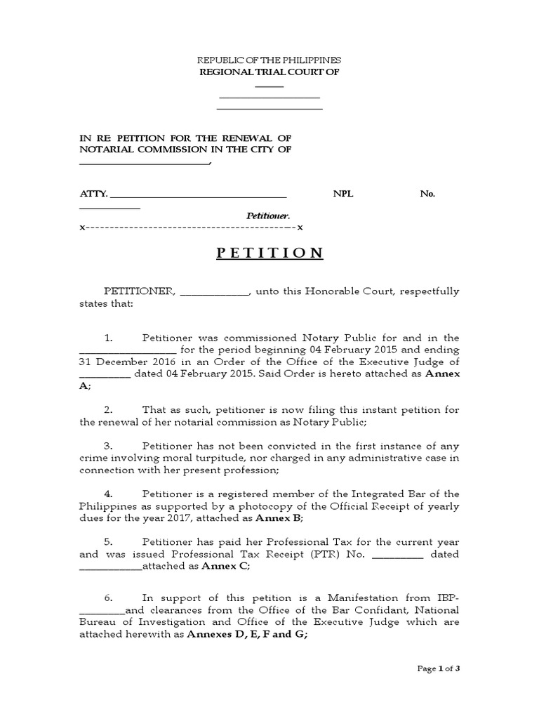 Petition For Renewal of Notarial Commission Blank | PDF | Notary Public ...