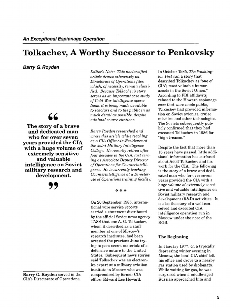 Tolkachev: CIA's Cold War Hero | PDF | Central Intelligence Agency ...