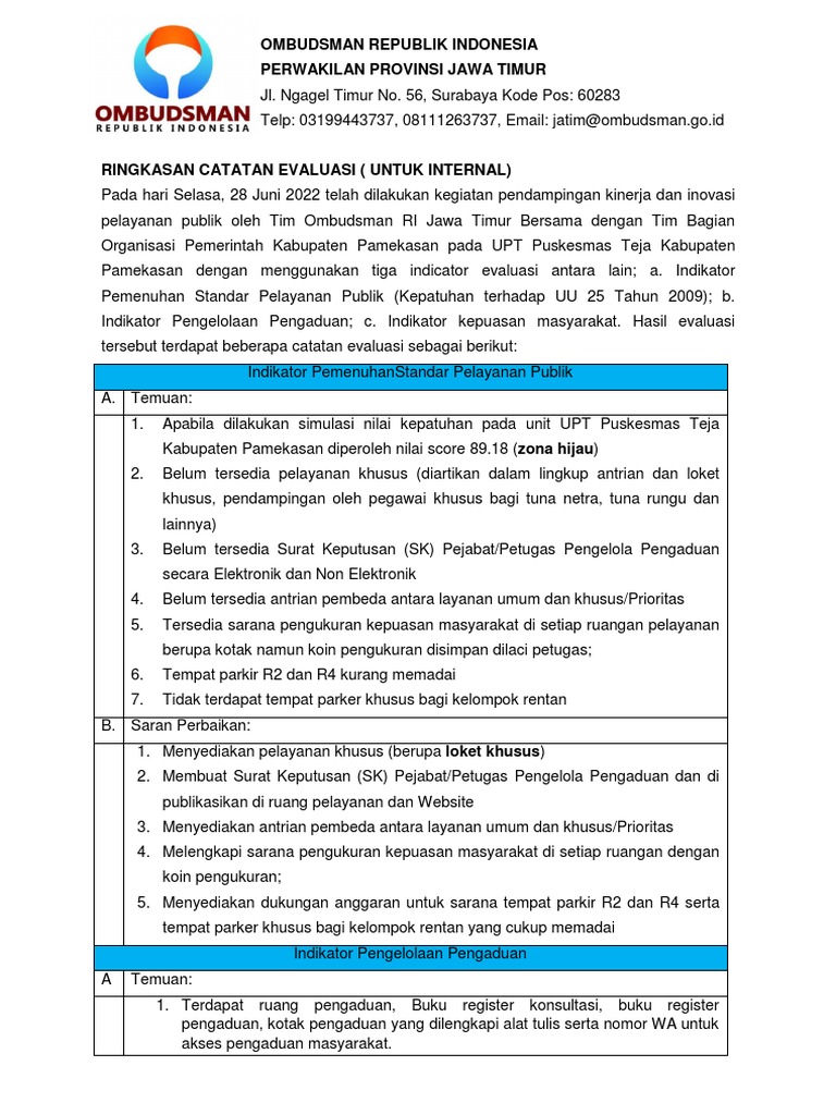 Catatan Evaluasi UPT Puskesmas Teja | PDF