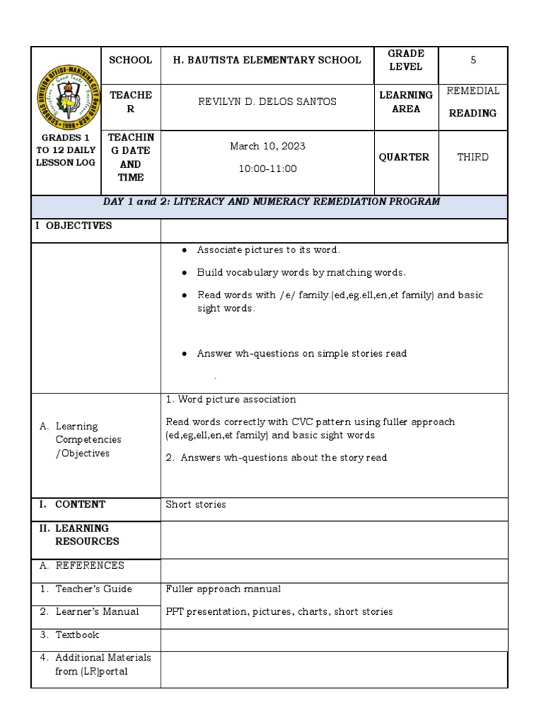 LP-Remedial Fuller Lesson Short e Family | PDF | Teaching | Pedagogy