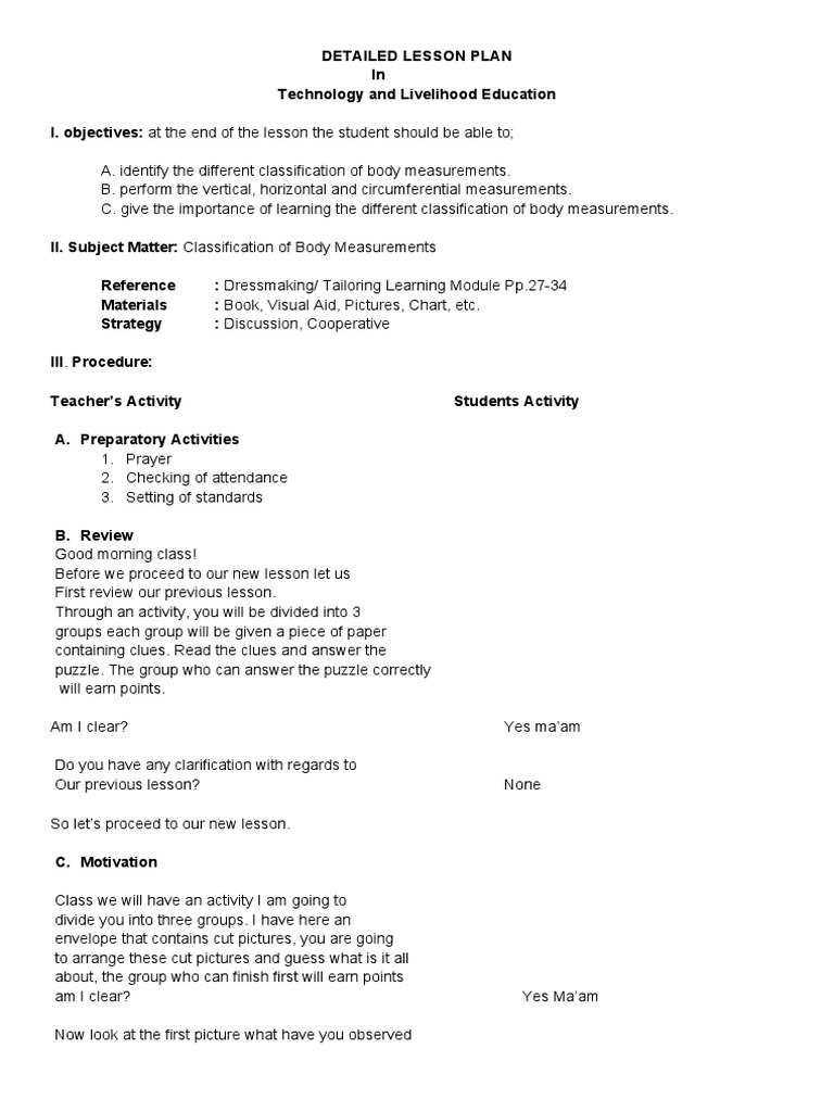 DETAILED Lesson Plan Dressmaking NEW | Download Free PDF | Lesson Plan | Cognitive Science