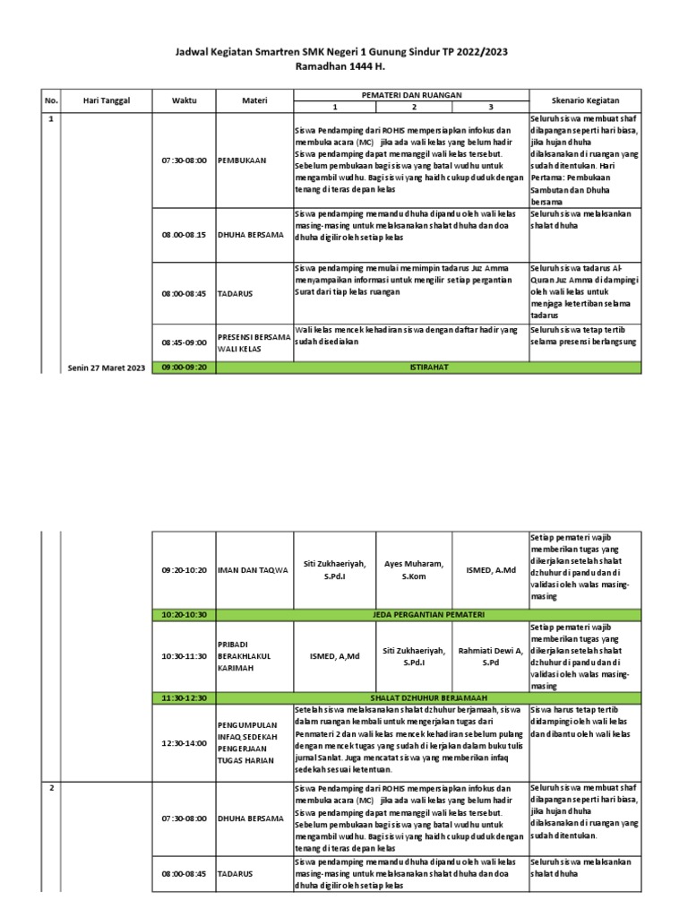 Jadwal Kegiatan Smartren 1444H @2023 | PDF
