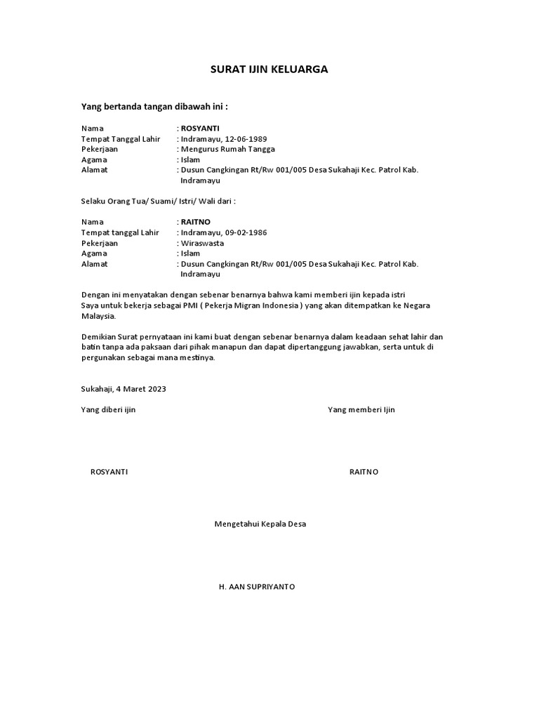 Surat Ijin Keluarga Keluar Negeri | PDF