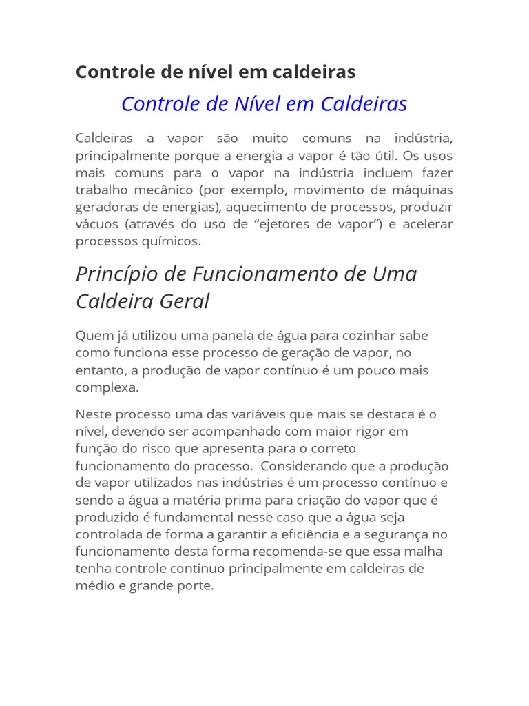 Controle de Nível em Caldeiras PDF | PDF | Caldeira | Ciências Físicas