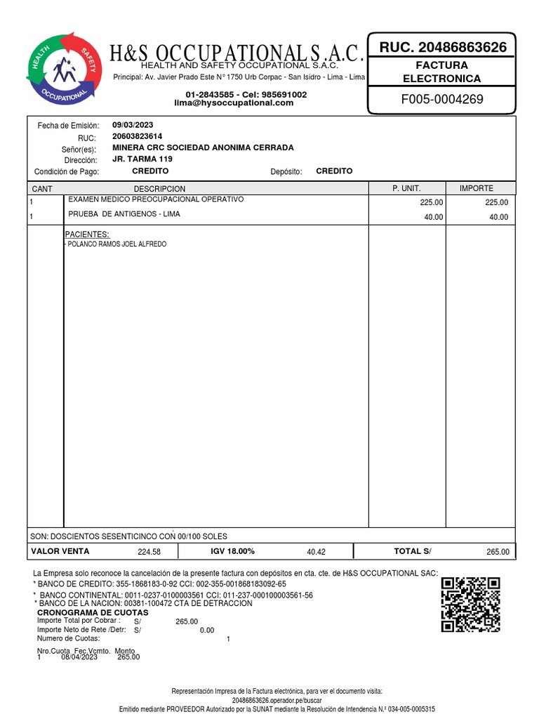 MCRC.- FACT - F005-00004269 H&S OCCUPATIONAL SAC | PDF