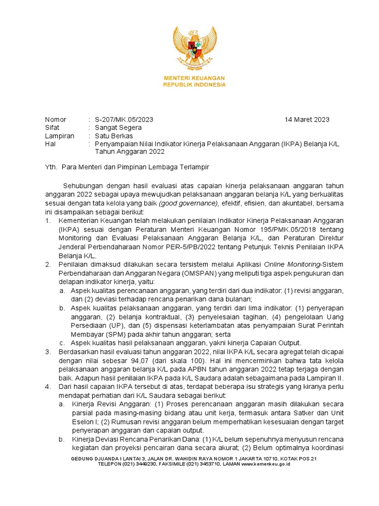 S-207-MK.05-2023 Nilai IKPA KL Tahun 2022 PDF | PDF