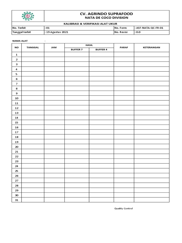 QC - 02 ASF-NATA-QC-FR-01 Kalibrasi & Verifikasi Alat Ukur | PDF