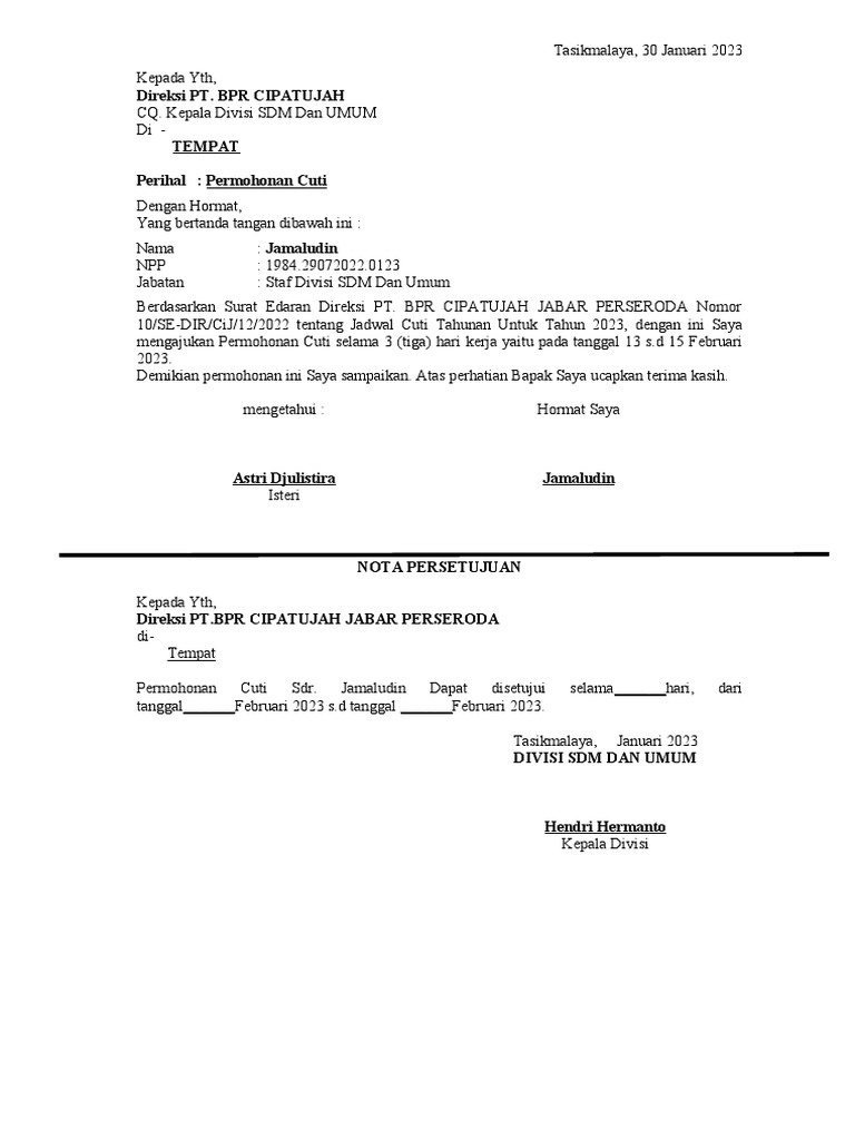 Contoh Surat Permohonan Cuti | PDF