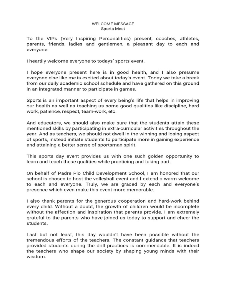Welcome Message for Sports Day Event | PDF