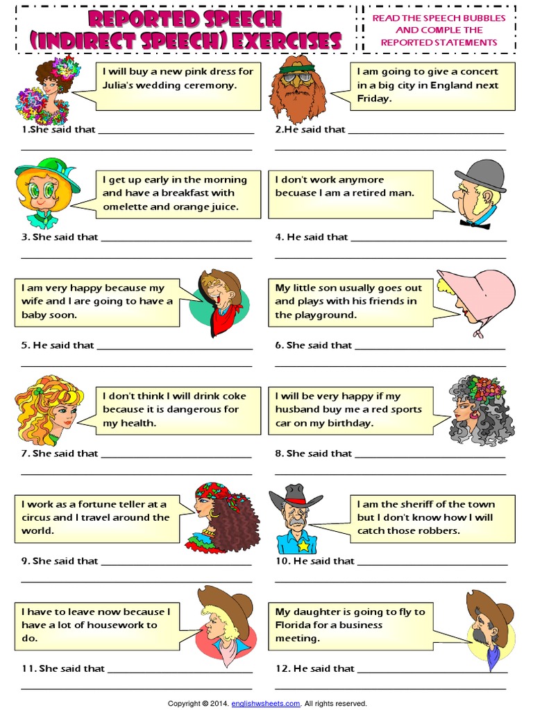 Reported Speech Worksheet - With Drawings Mix Page 5 | PDF