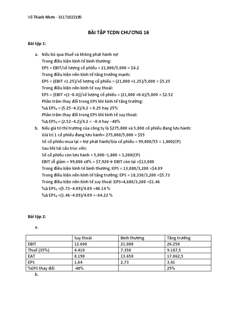 BÀI TẬP TCDN CHƯƠNG 16 | PDF