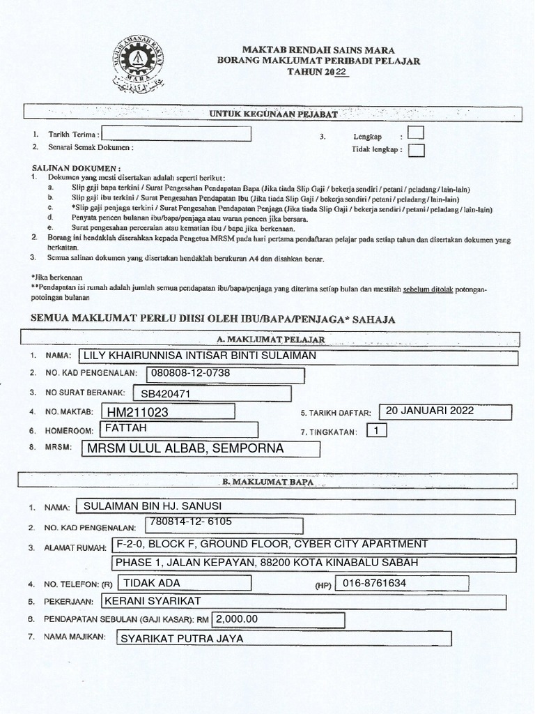 Borang Kemaskini Maklumat Pelajar | PDF