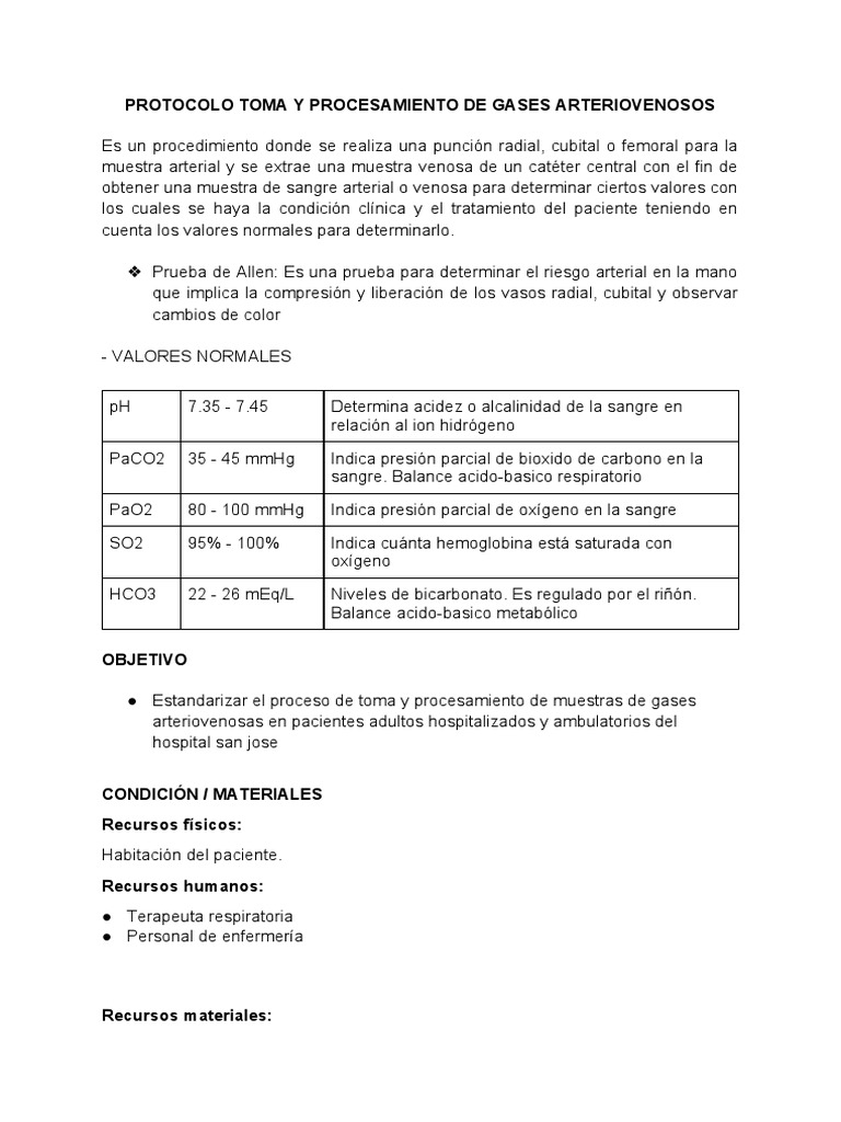 Protocolo Toma y Procesamiento de Gases Arteriovenosos | PDF | Sangre | Vena