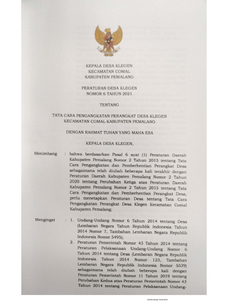 Perdes No. 6 TH 2021 TTG Tata Cara Pengangkatan Perangkat Desa TH 2021 1 PDF | PDF