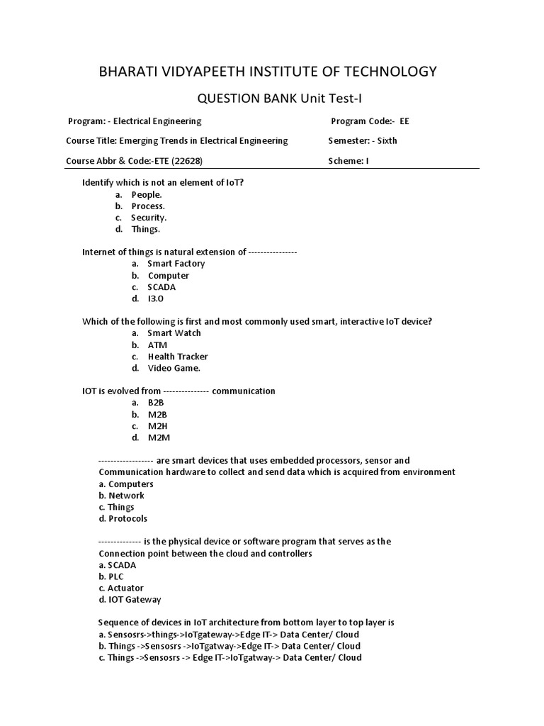Question Bank EE6I ETE 22628 UT-I 261121 | PDF | Internet Of Things | Electrical Grid