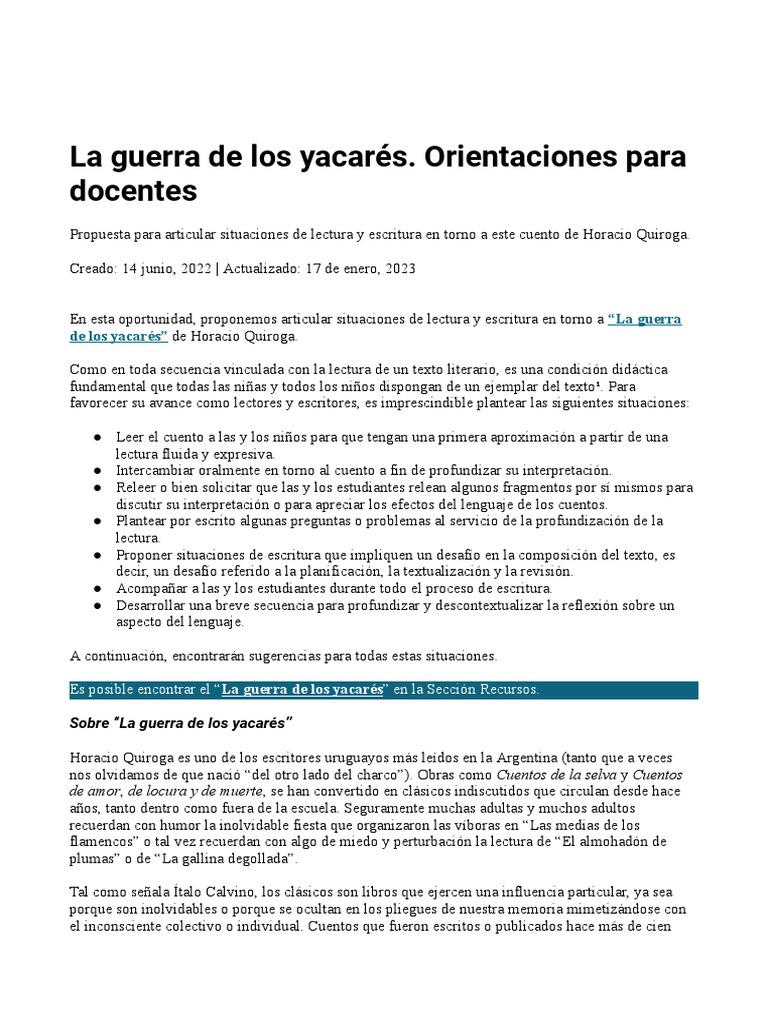 Orientaciones para El Docente LA GUERRA DE LOS YACARES | PDF | Cuentos ...