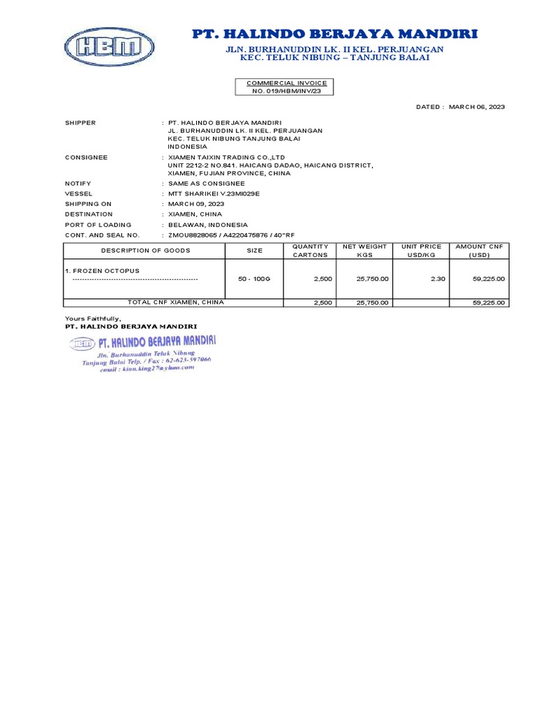 IPL XIAMEN (HBM-Siao Chen) INV 019-23 | PDF