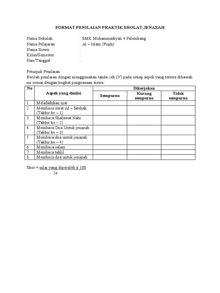Format Penilaian Praktik Sholat Jenazah | PDF