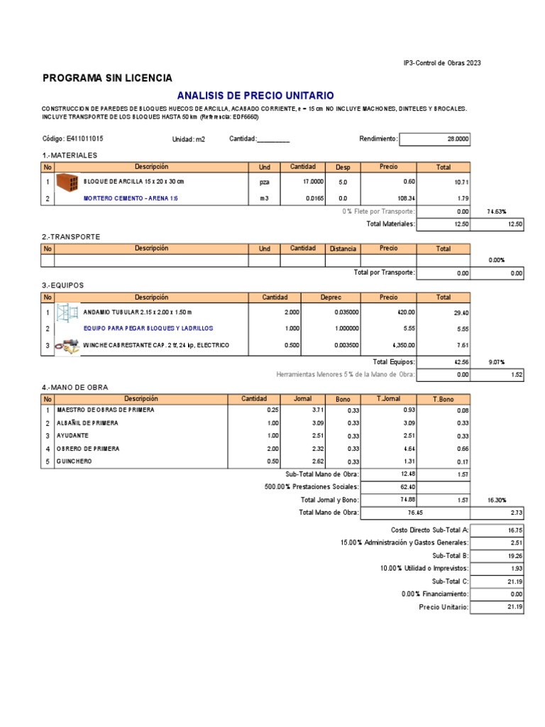 Guia de Formato para Analisis de Precio Unitario | PDF | Cemento | Materiales de construcción
