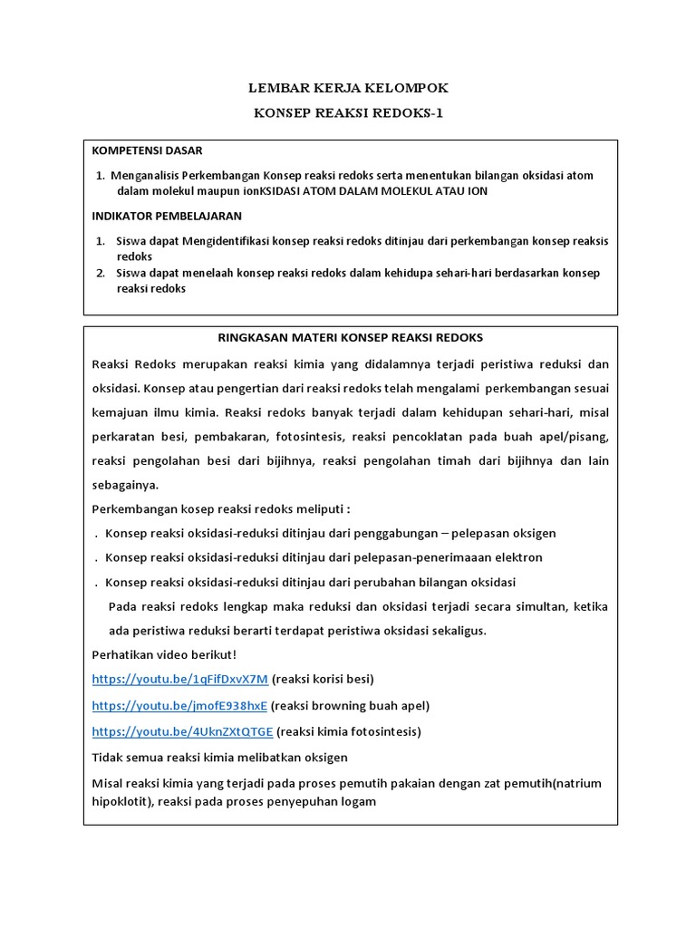 LKPD-1 KONSEP REAKSI REDOKS by Kelompok Jannatan DKK | PDF