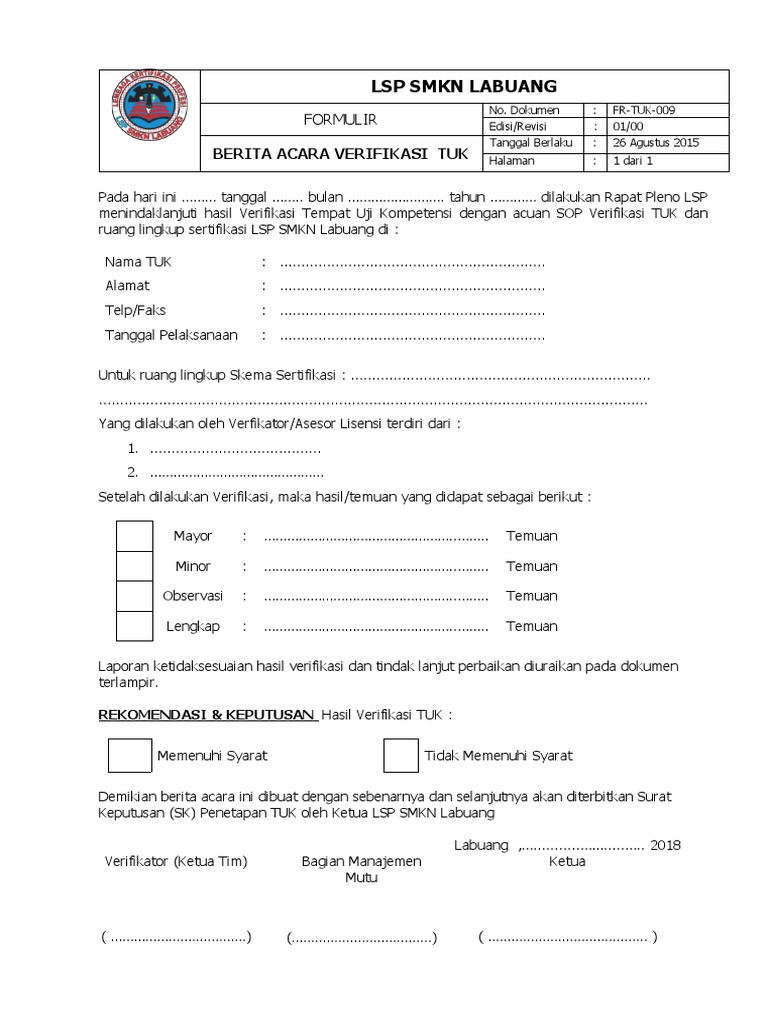 Berita Acara Verifikasi TUK FR-009 | PDF | Komputer
