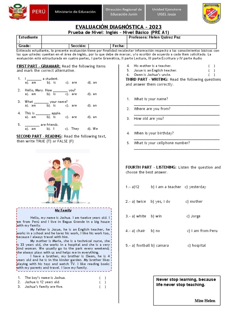 Prueba de Entrada - PRE A1 | PDF