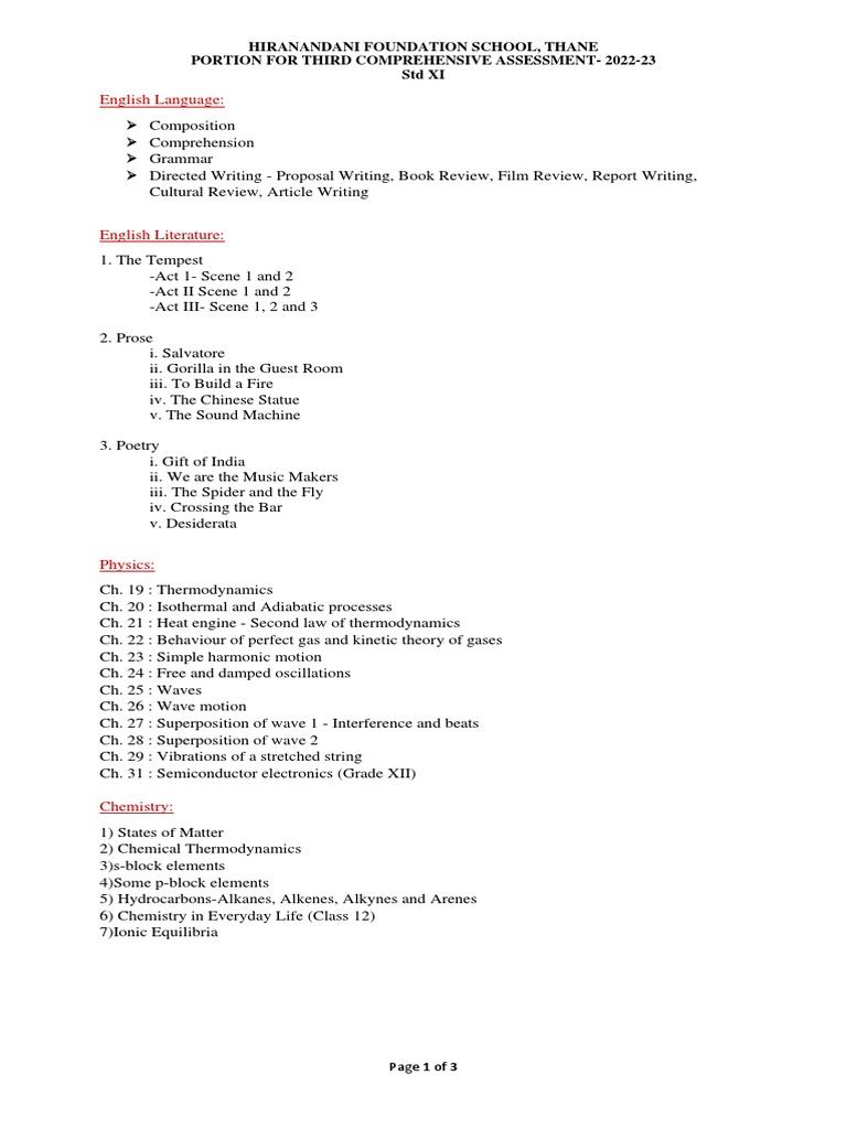 English Language:: Hiranandani Foundation School, Thane Portion For Third Comprehensive ...